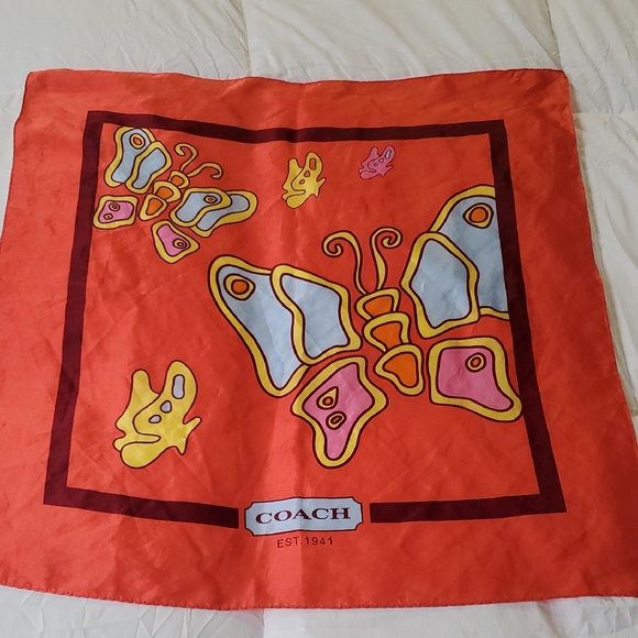 Coach | Accessories | Coach Vibrant Orange Red Silk Scarf With ...